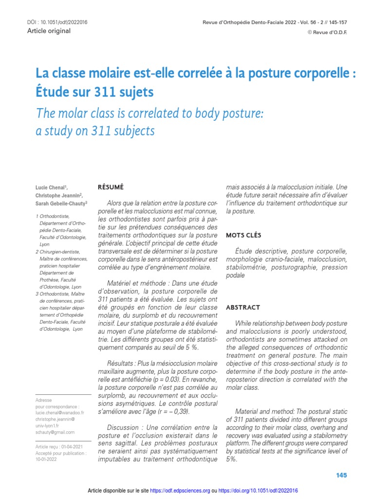 La Classe Molaire Est-Elle Correlée À La Posture Corporelle - Étude Sur ...