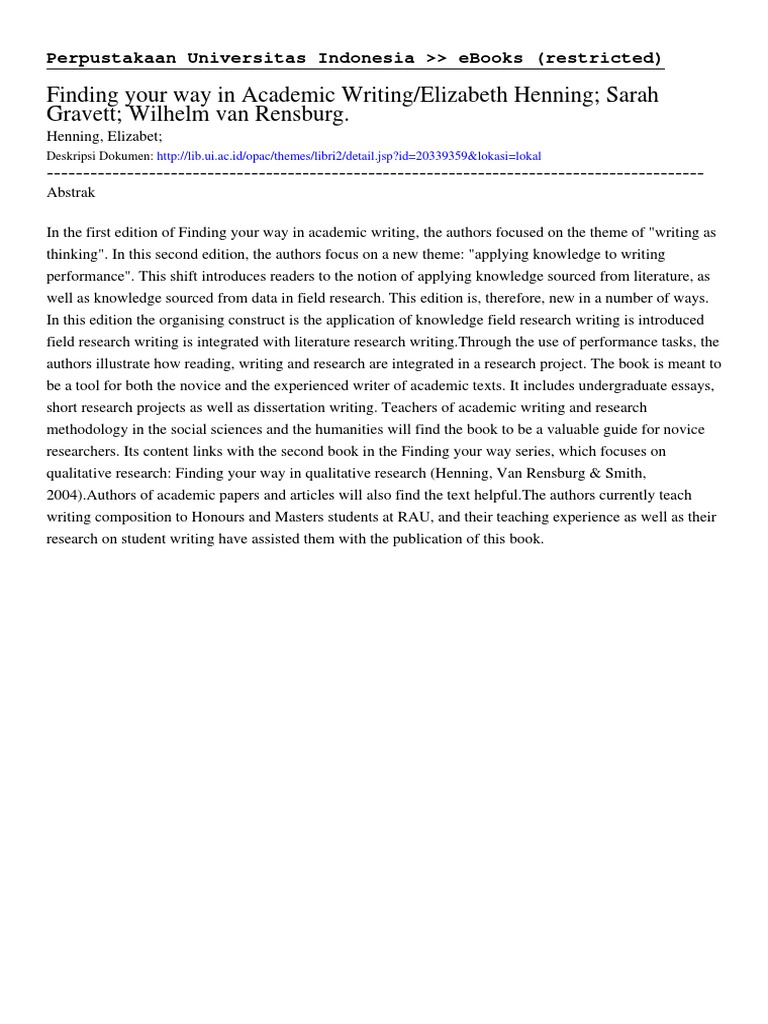 Finding Your Way in Academic Writing/Elizabeth Henning Sarah Gravett ...