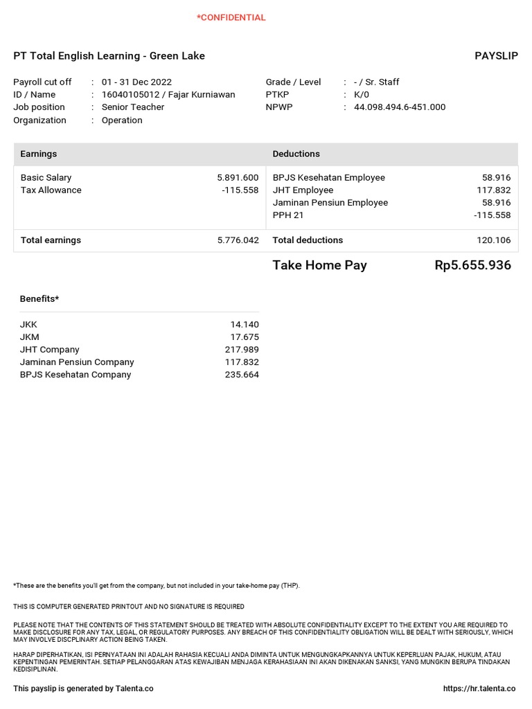 Payslip PT Total English Learning Green Lake Des 2022 Fajar Kurniawan ...