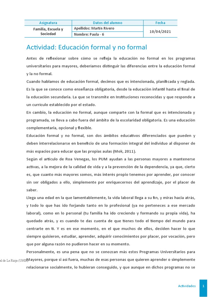 Educación Formal y No Formal - Martin Paula | PDF
