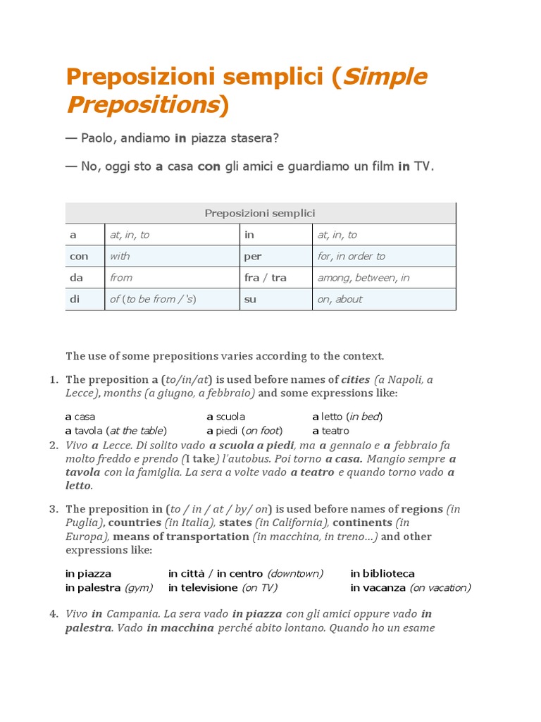 Le Preposizioni | PDF