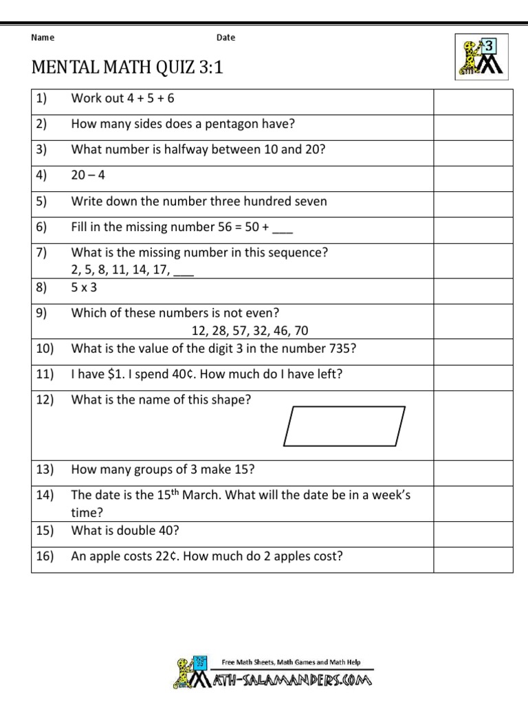 Mental Math Quiz 3rd 1 | PDF