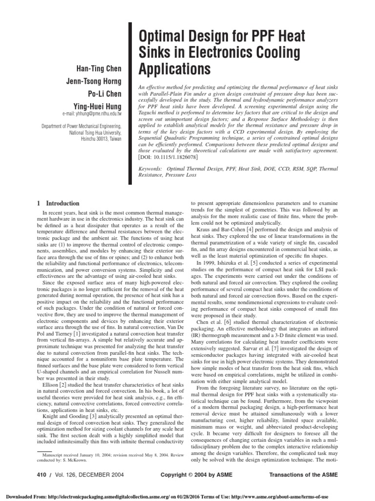 Optimal Design For PPF Heat Sinks in Electronics Cooling Applications ...