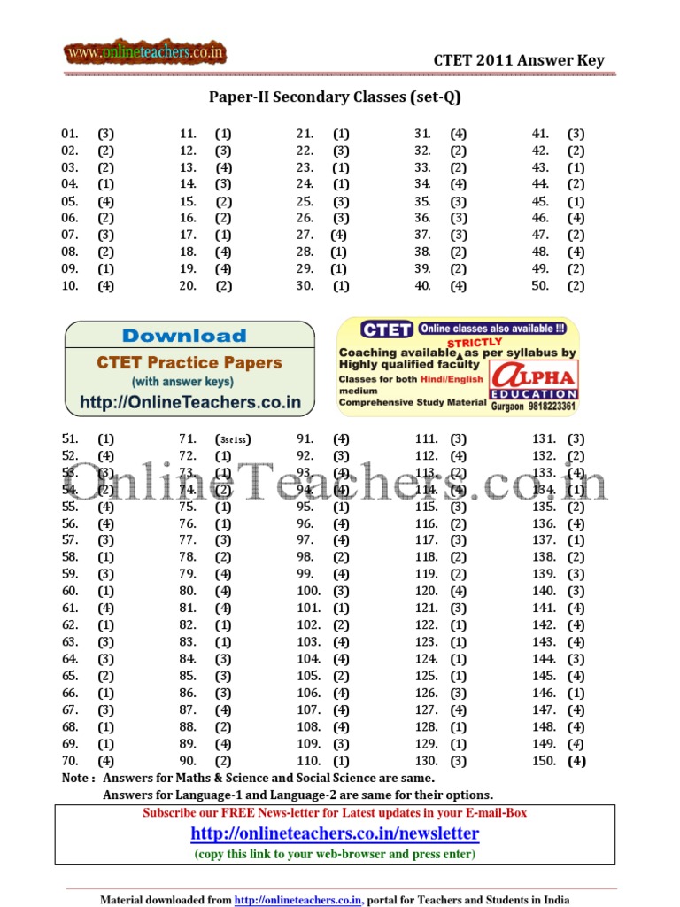 CTET 2011 Paper-II Answer Key | PDF | Learning