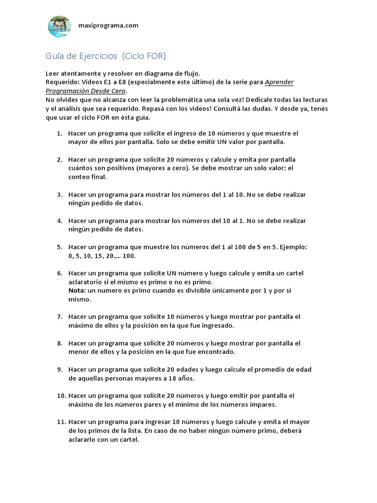 Guía de Ejercicios 4 (Ciclo FOR) | PDF