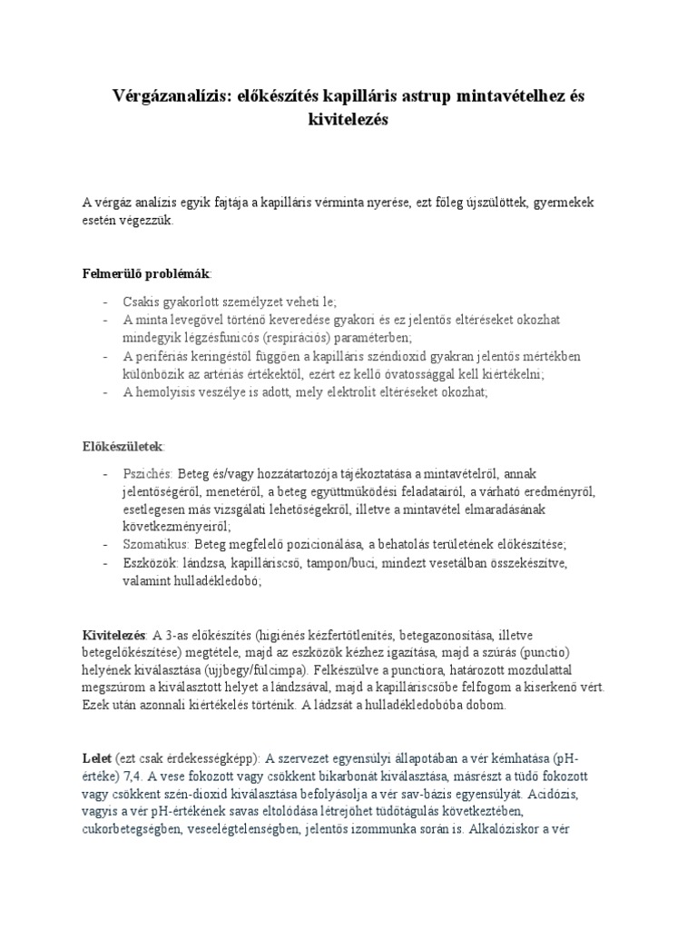 Vérgázanalízis, Azaz Előkészítés Kapilláris Astrup Mintavételhez És ...