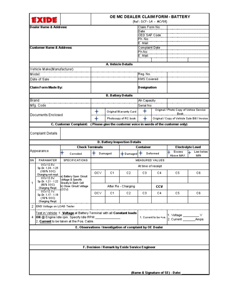 Exide Battery Warranty Claim Form | PDF | Electromagnetism | Electricity