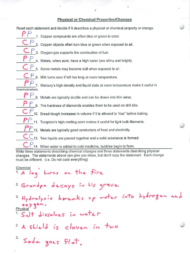 Physical and Chemical Properties and Changes Answer Key | PDF