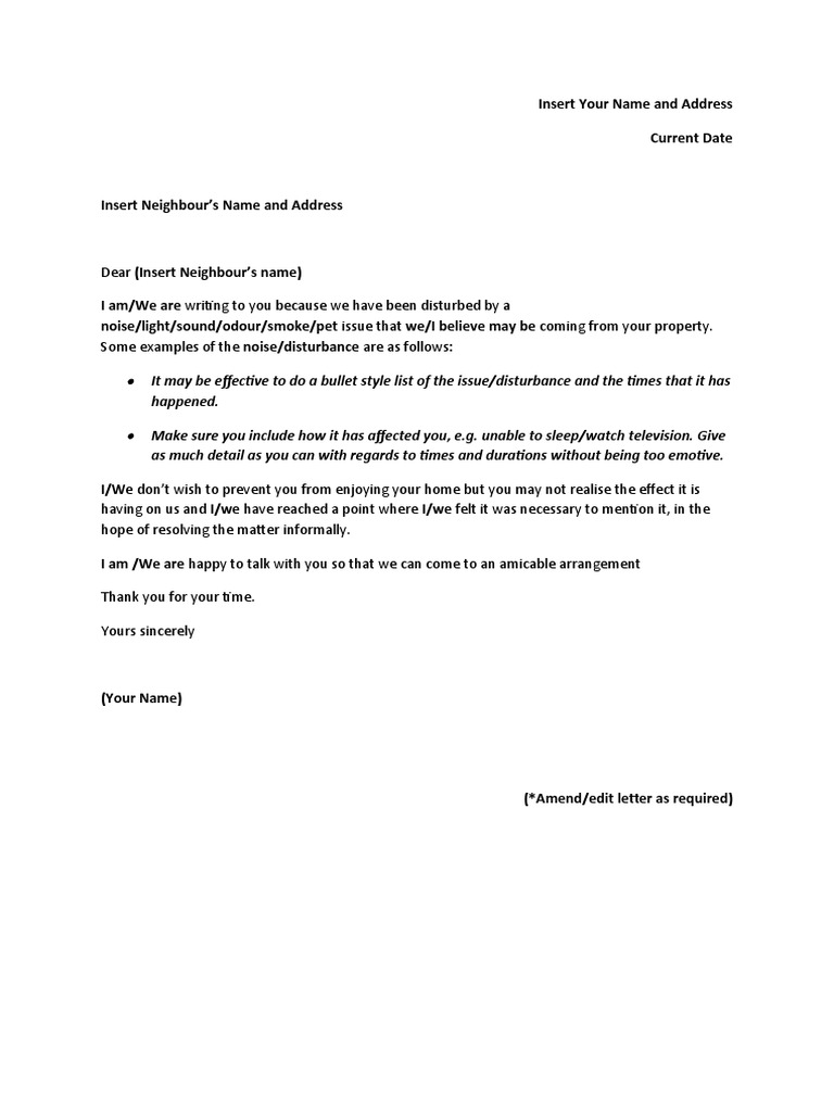 Neighbour Complaint Letter Template 1 Pdf