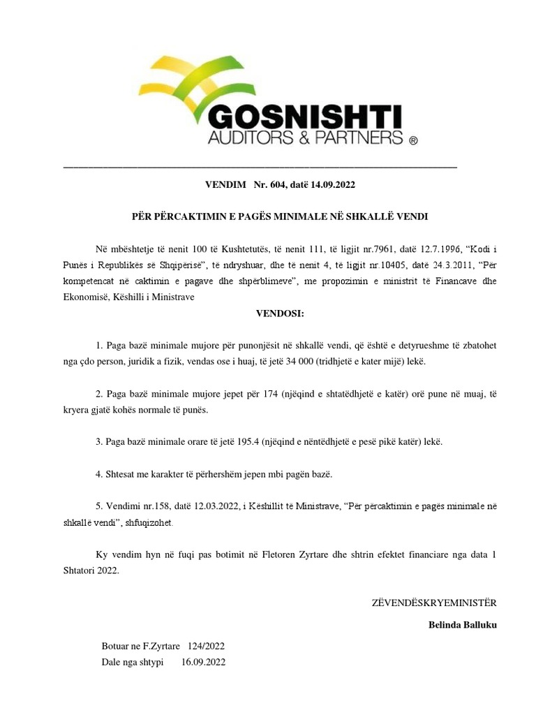 VKM 604 Date14.09.2022 Per Percaktimin e Shkalles Minimale Ne Shkalle ...