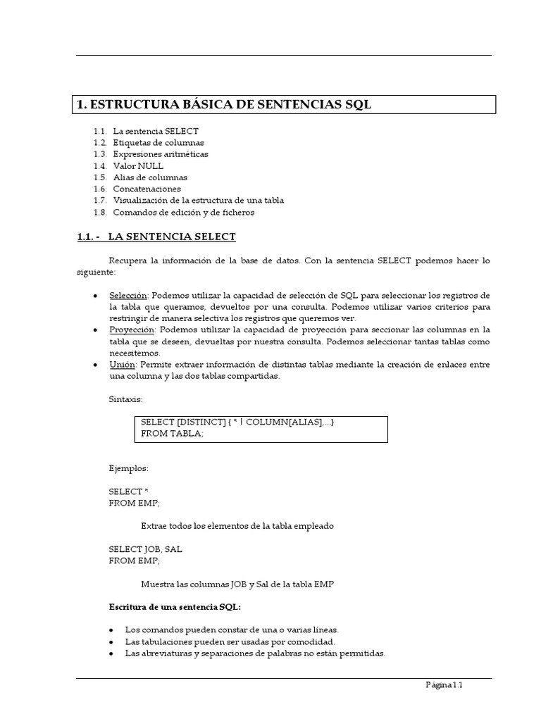 UT4 1 Estructura Básica Sentencias SQL | PDF | SQL | Notación