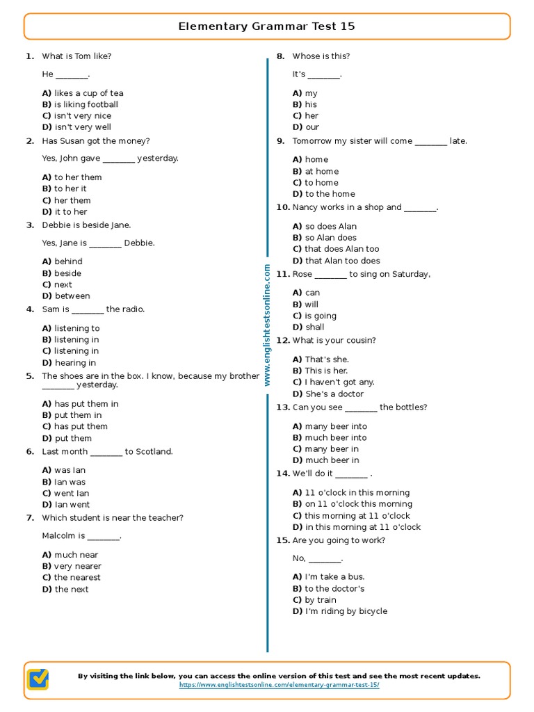 Elementary Grammar Test 15 Answers | PDF