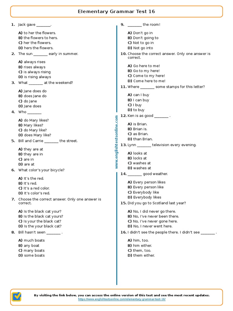Elementary Grammar Test 16 | PDF