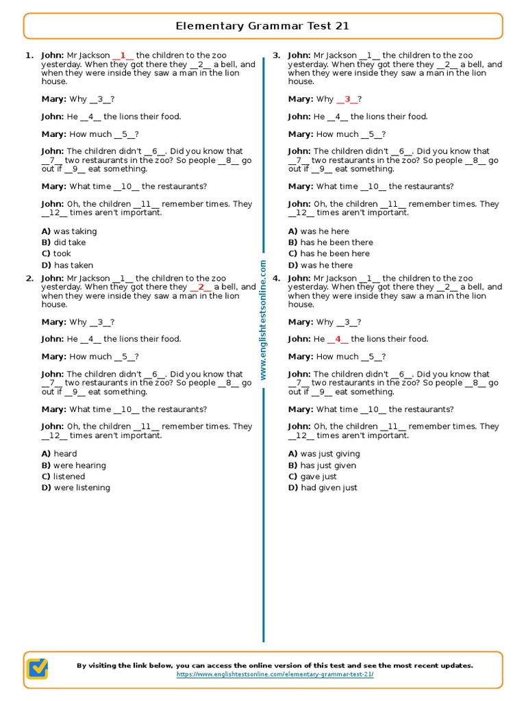 1552 - Elementary Grammar Test 21 | PDF
