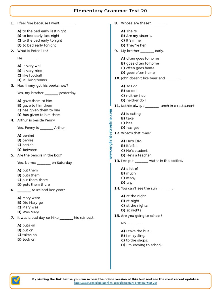 1551 - Elementary Grammar Test 20 | PDF