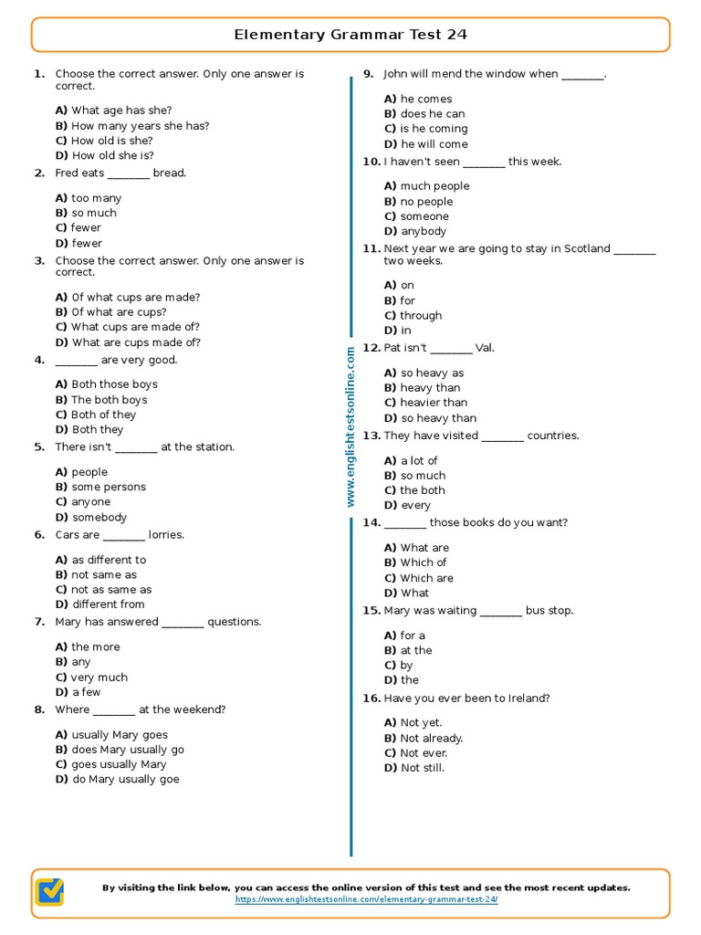 1555 - Elementary Grammar Test 24 | PDF