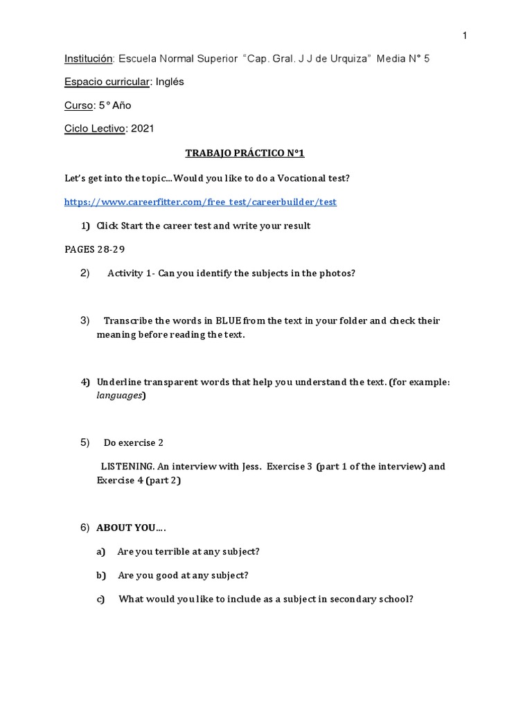 Guía TP 1 Inglés 5to 2da | PDF