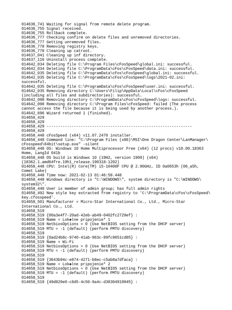 cFosSpeed Setup Log | PDF | Windows Registry | Installation (Computer Programs)