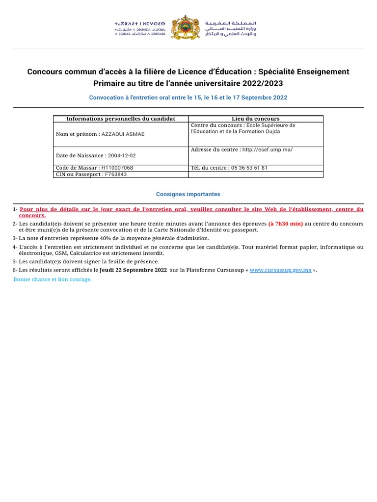 Convocation Concours Licence Éducation 2022 | PDF