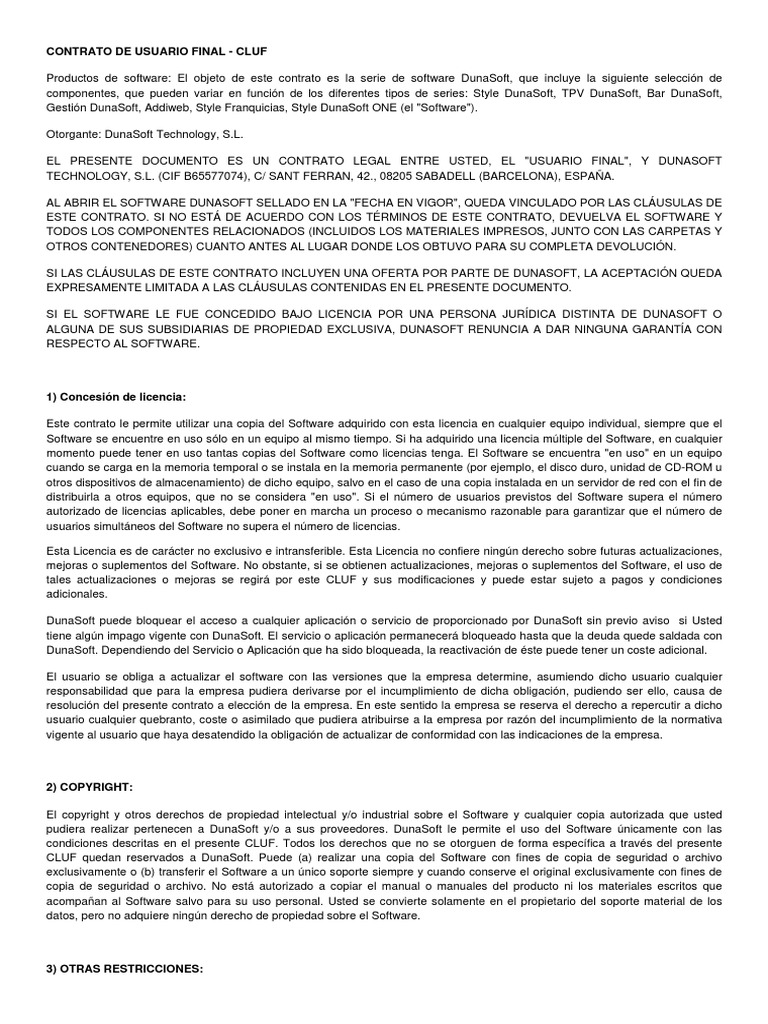 Contrato de Usuario Final DUNASOFT | PDF | Software | Informática Contrato de Usuario Final DUNASOFT | PDF | Software | Informática