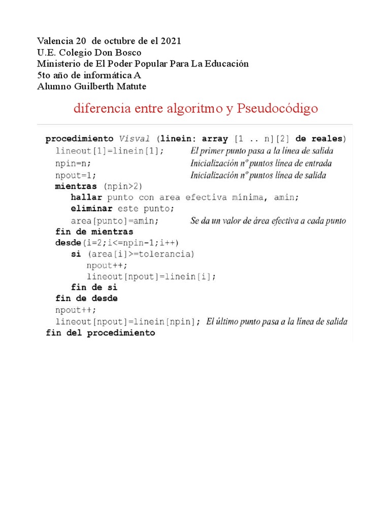 Diferencia Entre Algoritmo y Psuecodigo. Alumno Guilberth Matute 5to ...