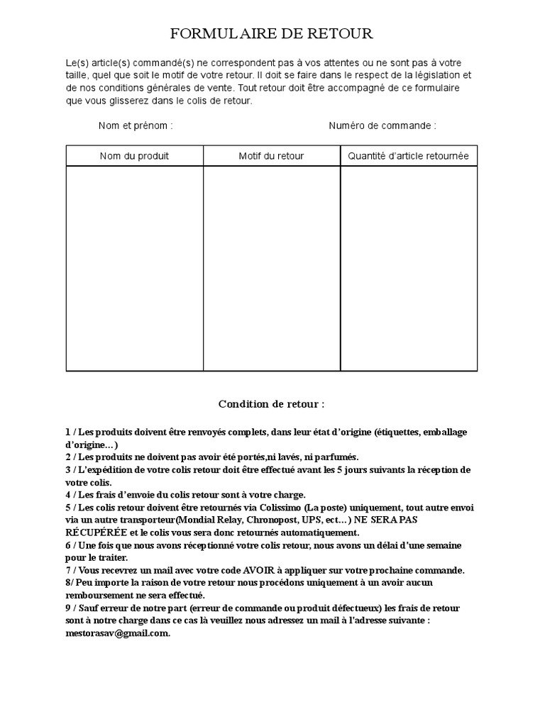 Formulaire de Retour de Marchandise | PDF