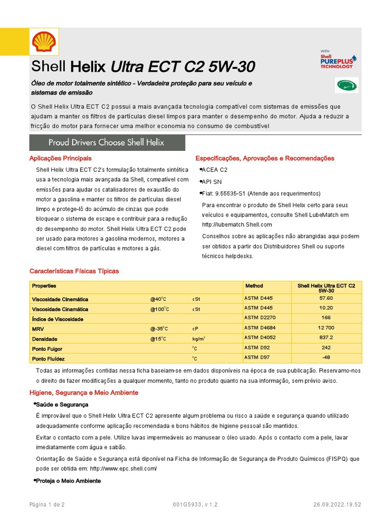 Ficha - Técnica - Shell Helix Ultra ECT C2 5W-30 | PDF | Diesel | Motores