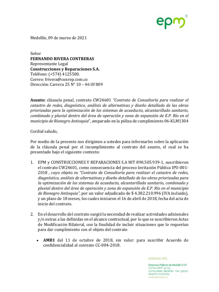 Aplicación de cláusula penal en contrato EPM | PDF