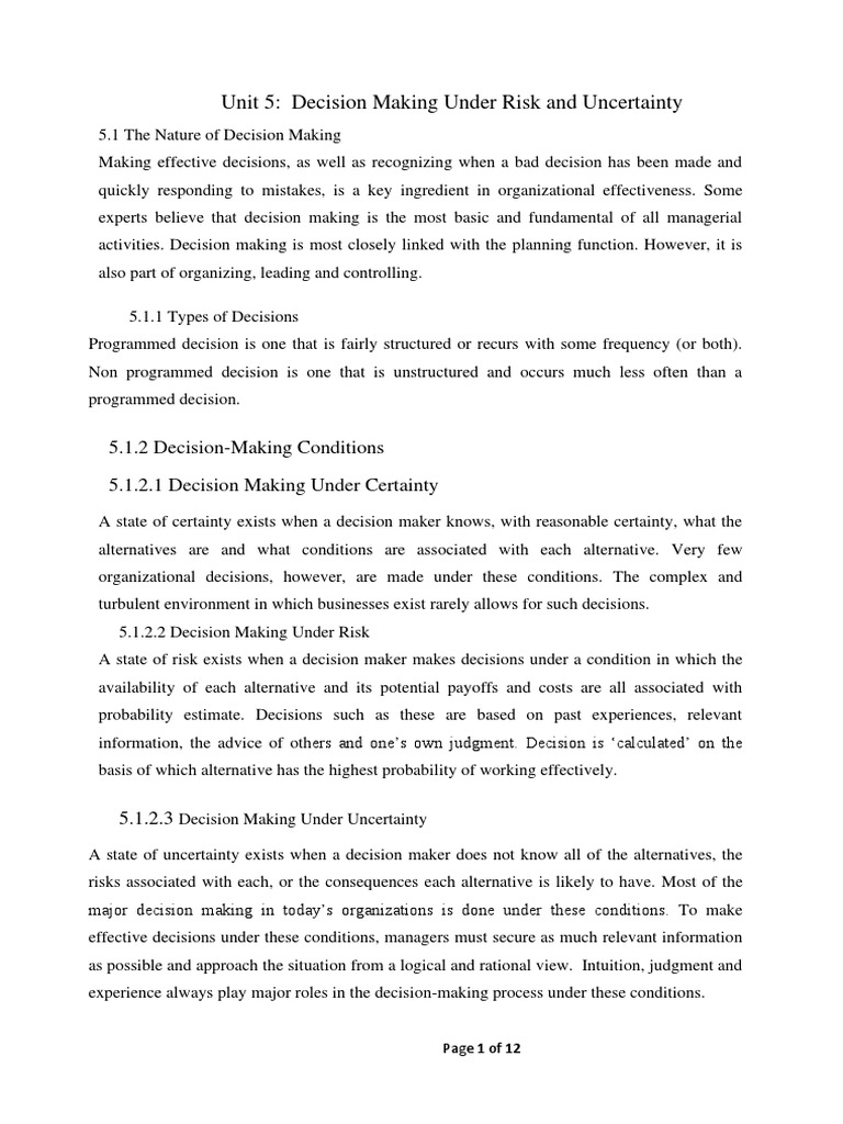 Decision Making Under Uncertainty: Evaluating Risk and Probability in ...