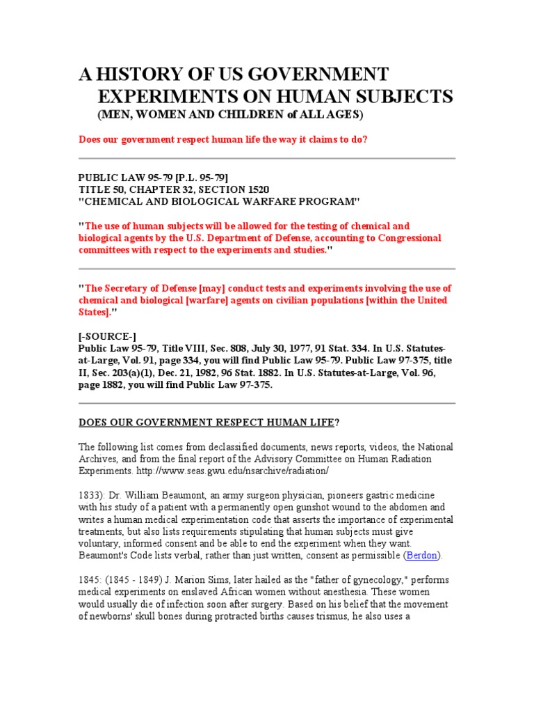 A HISTORY OF US GOVERNMENT EXPERIMENTS ON HUMAN SUBJECTS (Men, Women ...