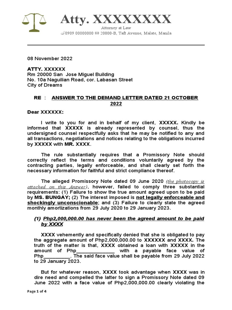 Reply To Demand Letter Sample | PDF | Interest | Promissory Note