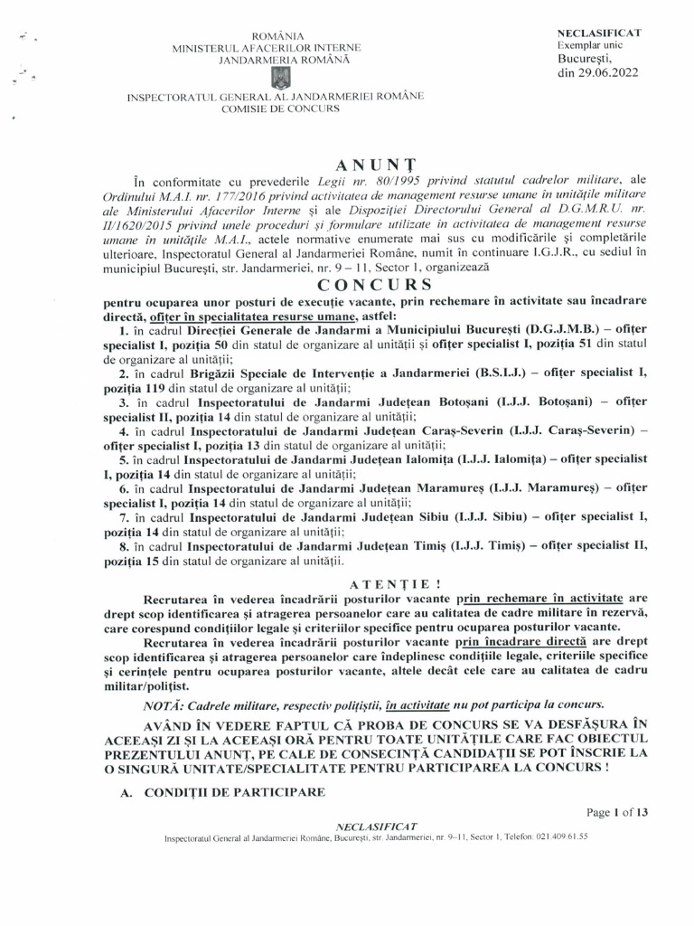 Anunt Concurs Incadrare Directa Rechemare in Activitate Ofiter Specialist I RESURSE UMANE | PDF