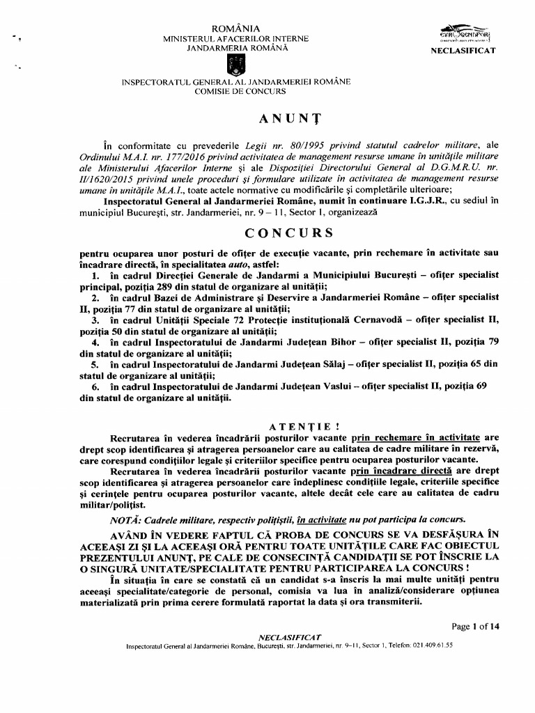 Anunt Concurs Incadrare Directa Rechemare in Activitate Ofiter ...