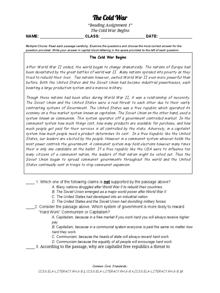 Cold War Origins: Reading Quiz | PDF | Communism | Cold War