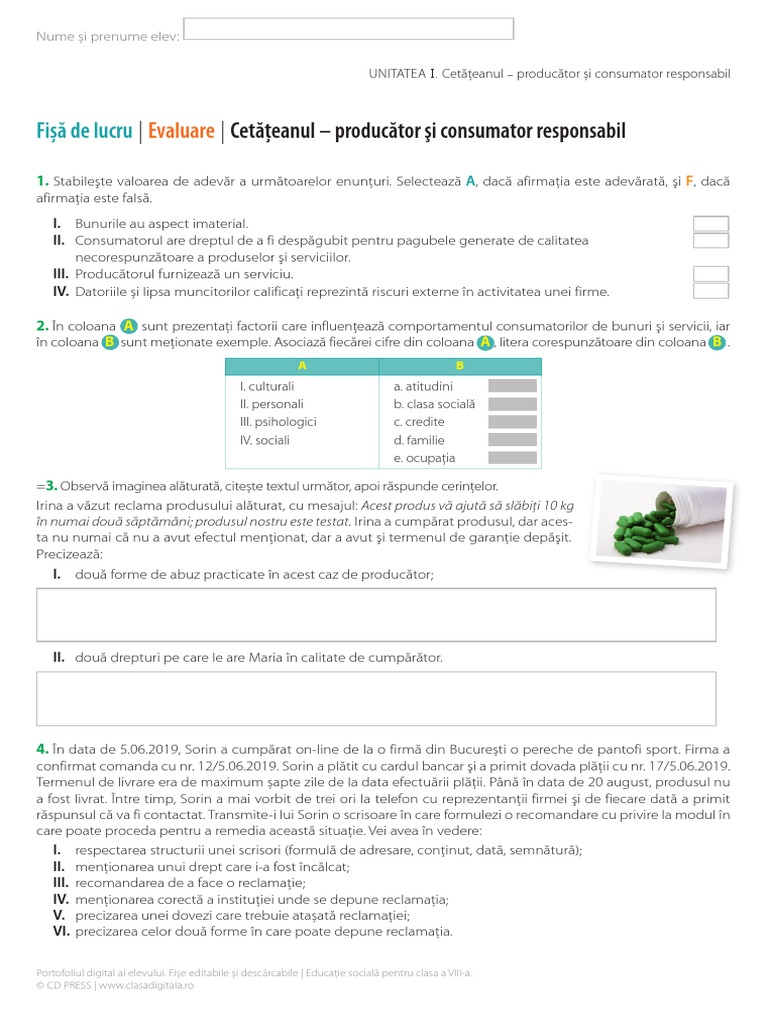 Fisa Editabila 8 - Ed - Sociala - Clasa 8 - CDPRESS | PDF