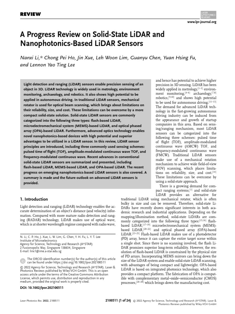 A Progress Review On Solid State LiDAR and Nanophotonics Based LiDAR ...