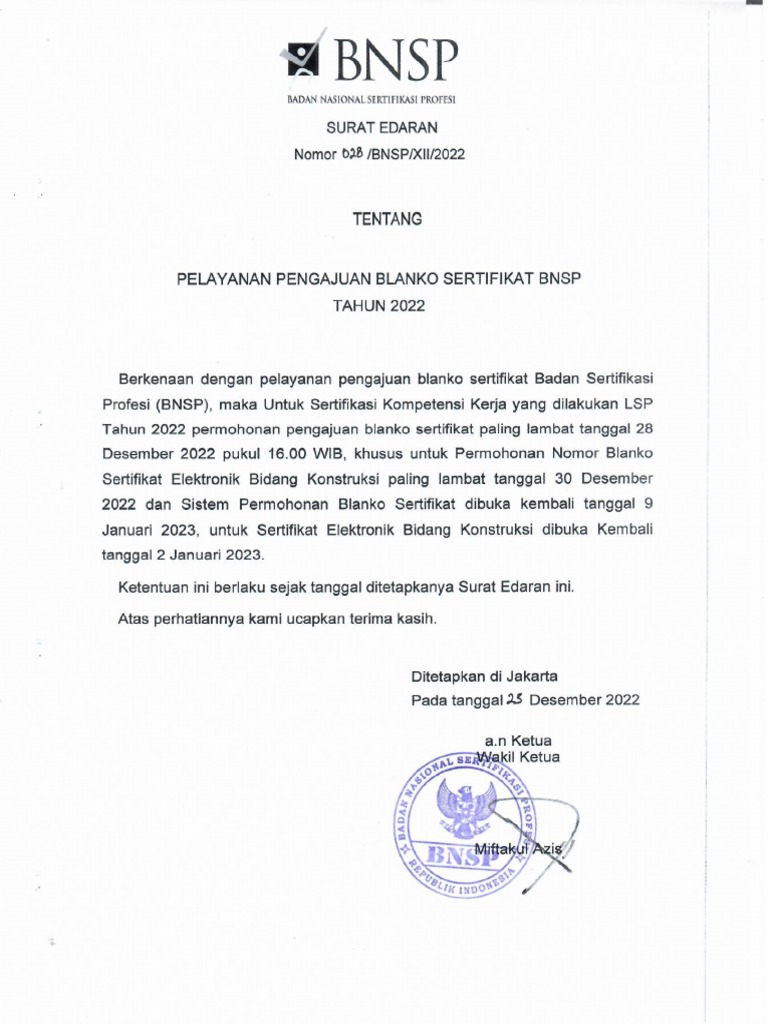 Surat Edaran Pelayanan Blanko Sertifikat Tahun 2022 | PDF