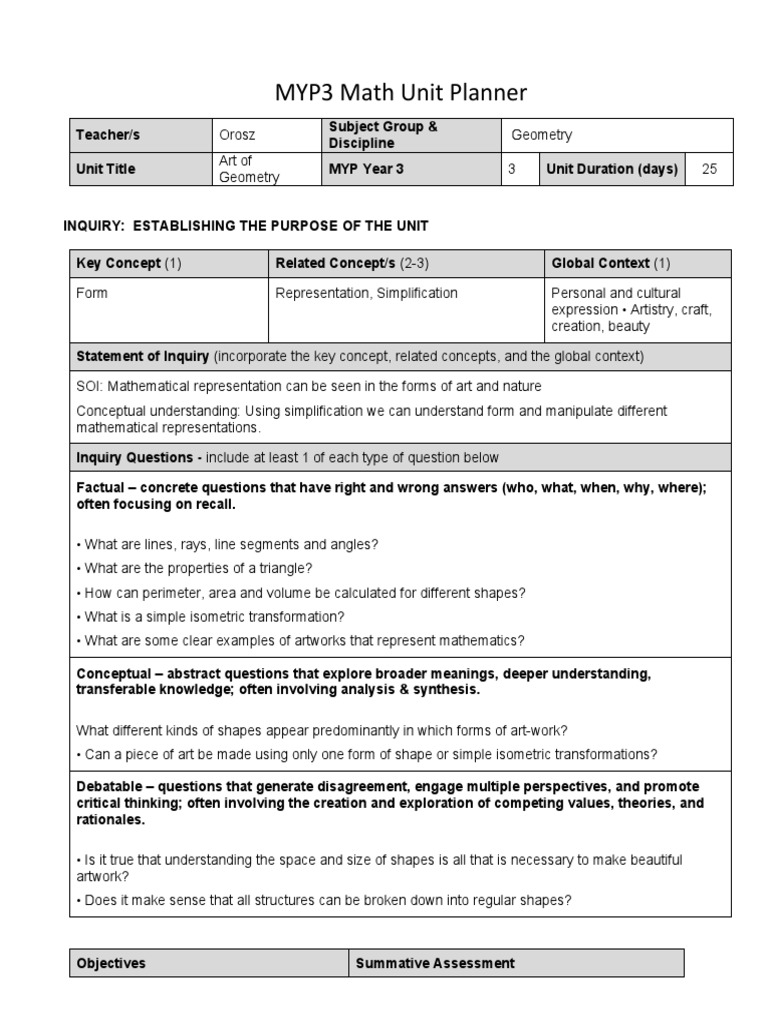 MYP3 Math Unit Planner - Geometry | PDF | Area | Triangle