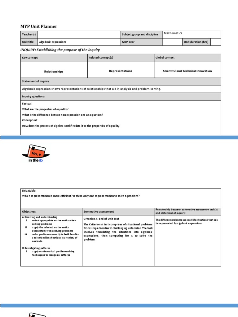 MYP Unit Planner: INQUIRY: Establishing The Purpose of The Inquiry ...