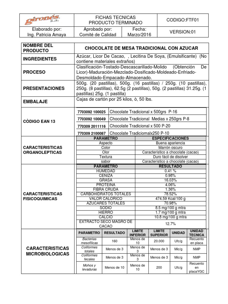 Ficha Chocolate con Azúcar Gironés tradicional | PDF | Chocolate | Industria de alimentos