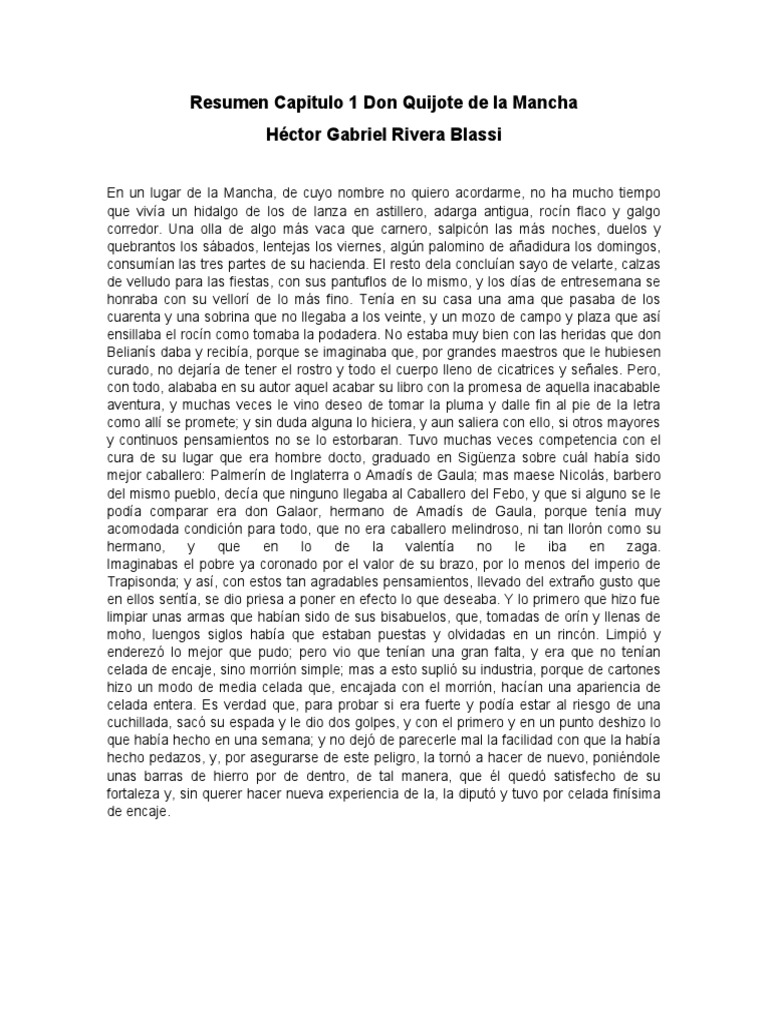 Resumen Capitulo 1 Don Quijote de La Mancha | PDF | Don Quijote