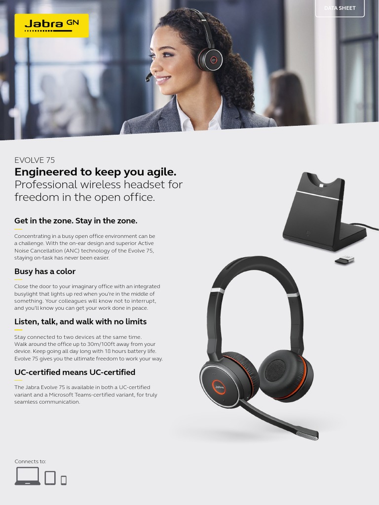 Jabra Evolve 75 Datasheet A4 240222 - WEB | PDF | Bluetooth | Usb