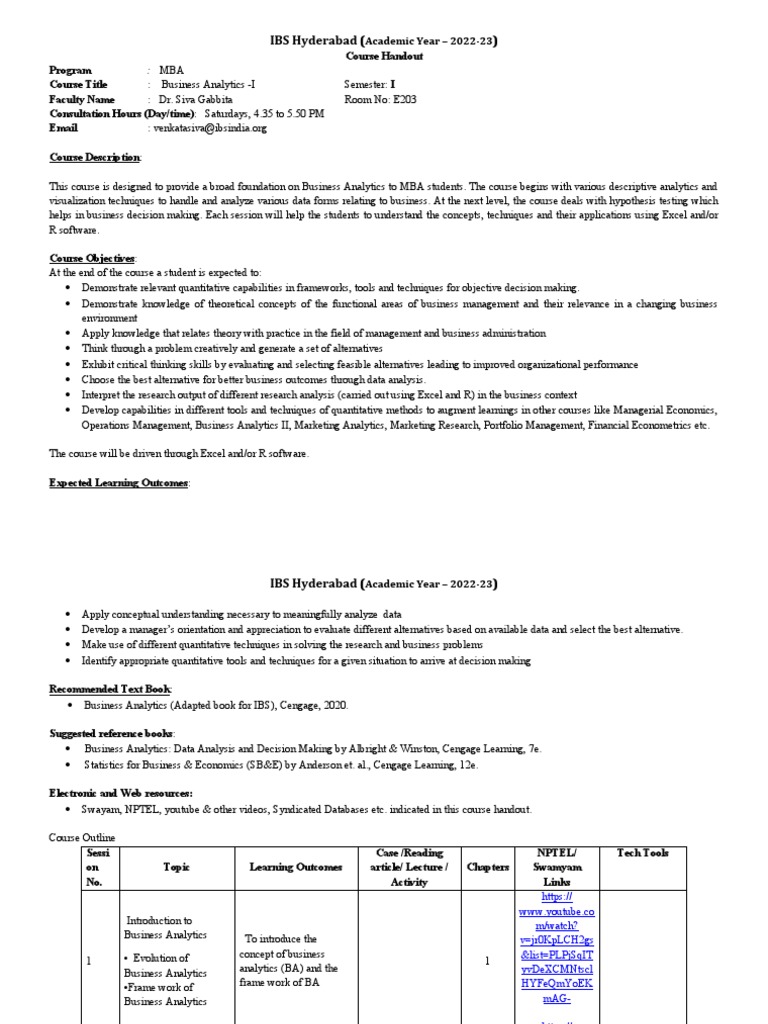 MBA BA Course Handout 2024 | PDF | Data Analysis | Analytics MBA BA Course Handout 2024 | PDF | Data Analysis | Analytics