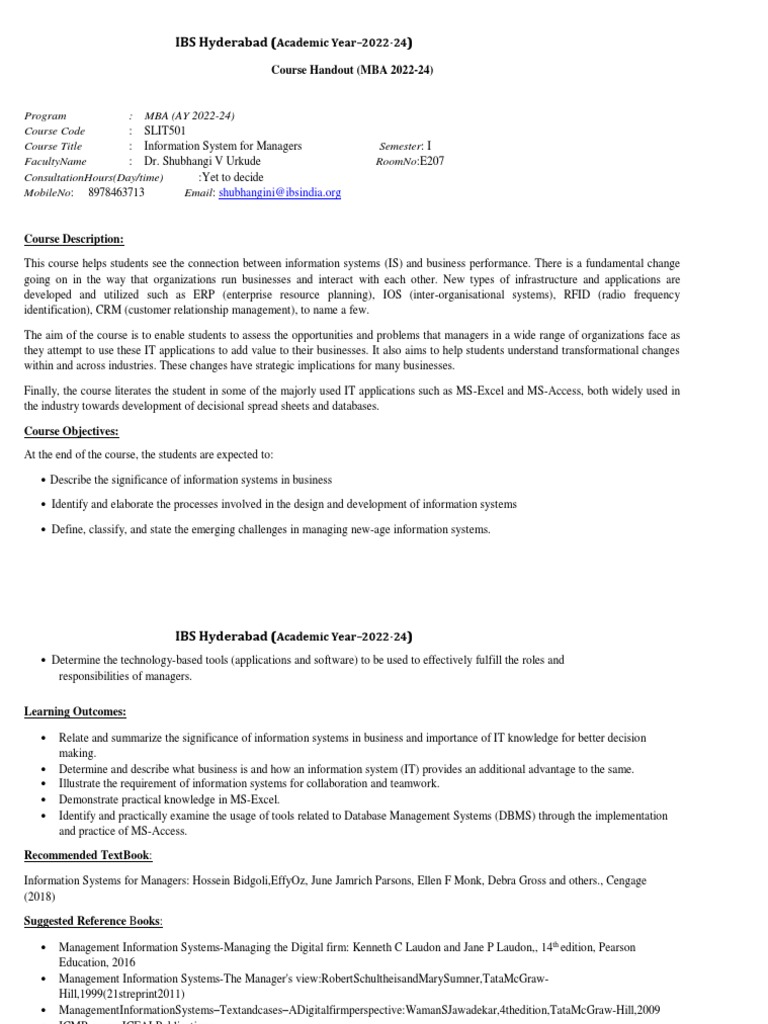 MBA ISM Course Handout 2024 | PDF | Databases | Information System MBA ISM Course Handout 2024 | PDF | Databases | Information System