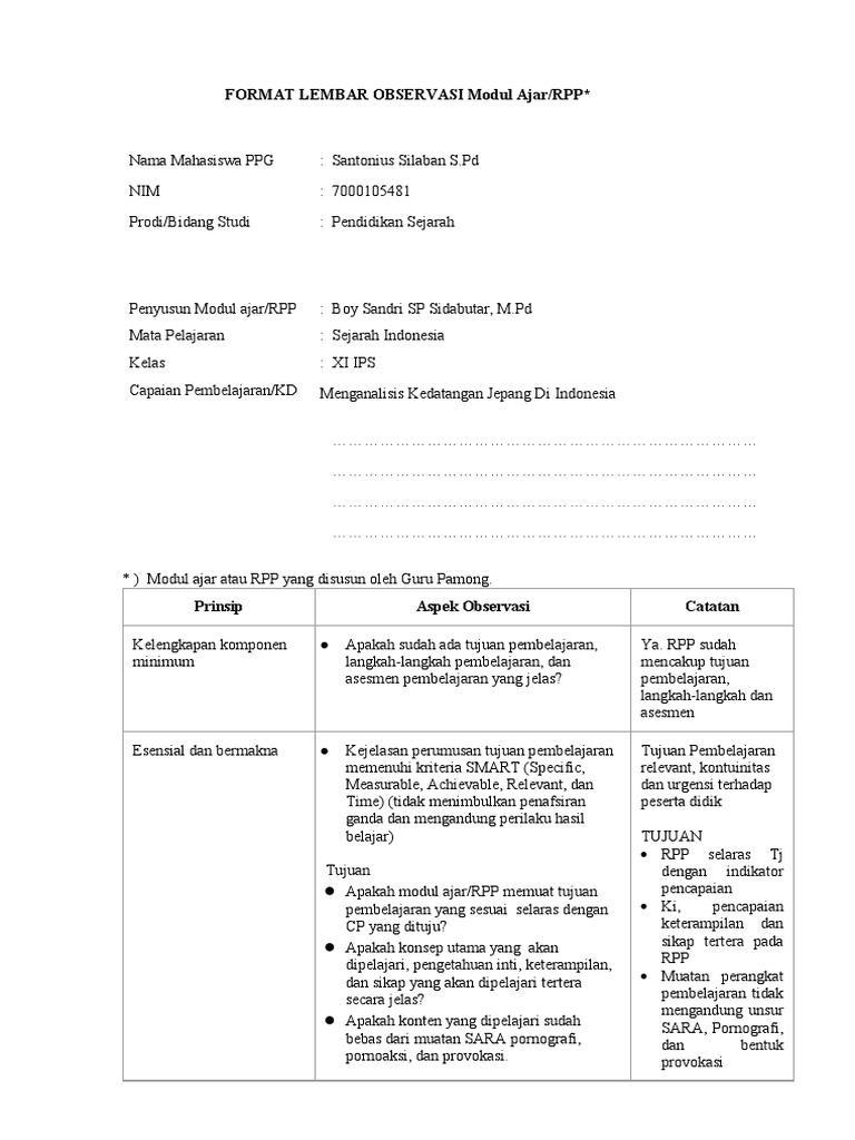 Lampiran 2 - Contoh Format Lembar Observasi RPP | PDF Lampiran 2 - Contoh Format Lembar Observasi RPP | PDF