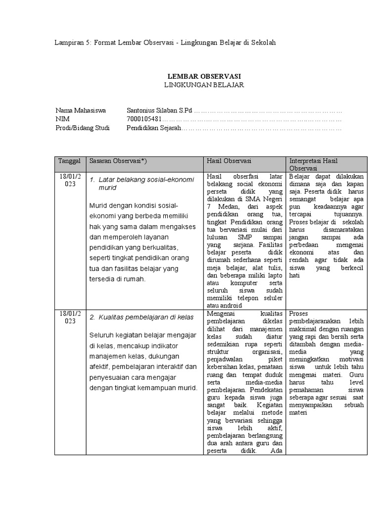 Lampiran 5 - Contoh Format Lembar Observasi Lingkungan Belajar Di ...