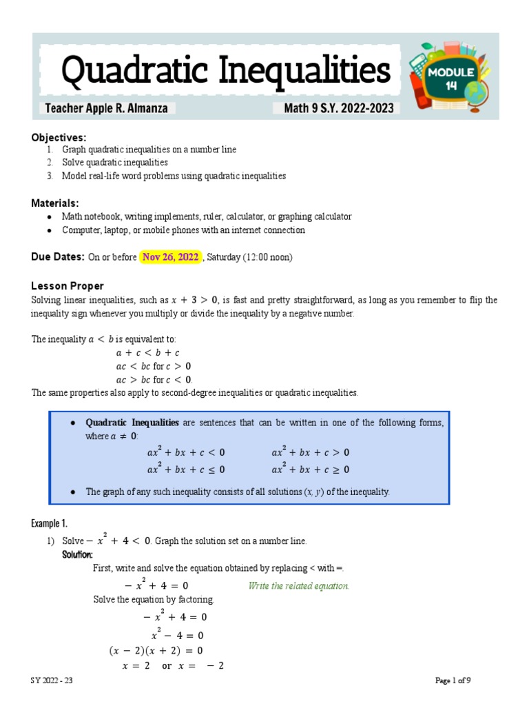Module 14 Quadratic Inequalities Pdf Quadratic Equation Inequality Mathematics