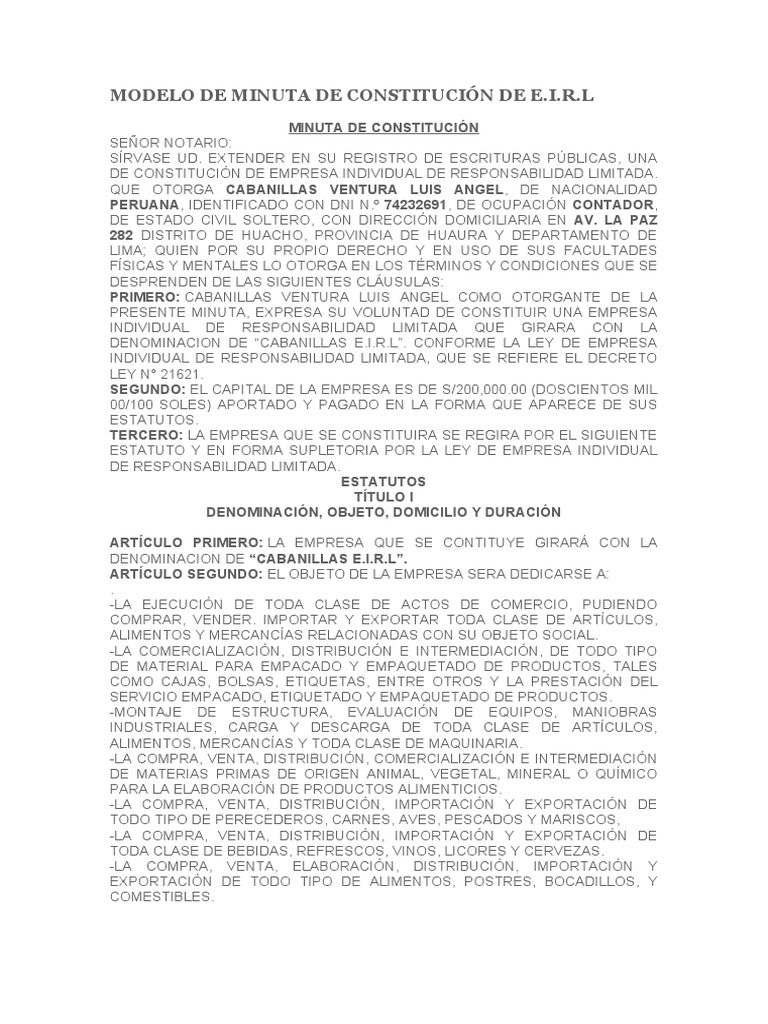 Minuta de Constitución de Una E.I.R.L. | PDF | Cheque | Pagos