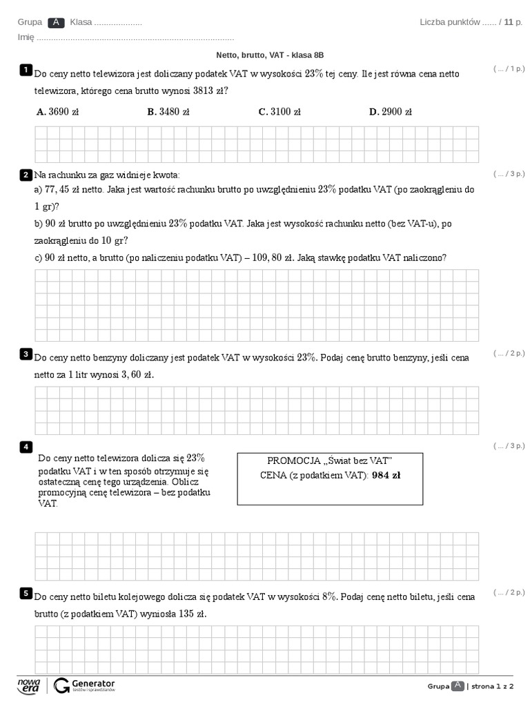 Netto, Brutto, VAT - Klasa 8B Test (Z Widoczną Punktacją) | PDF