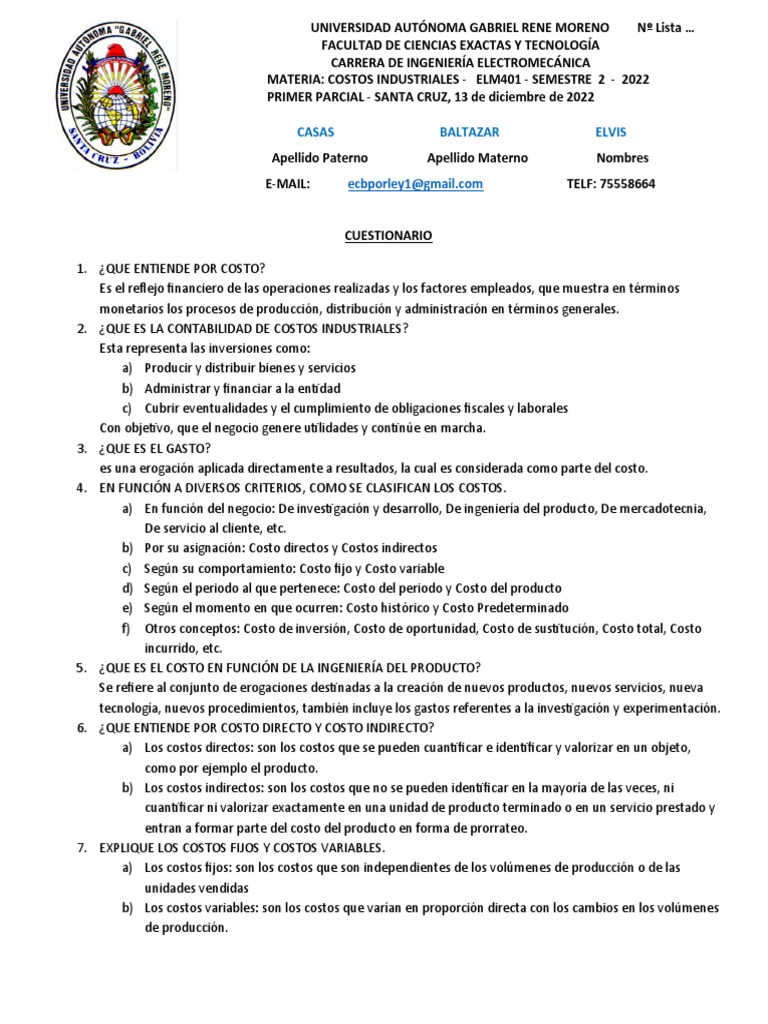 Examen Parcial 1 Costos 13 Dic 2022 | Descargar gratis PDF | Costo ... Examen Parcial 1 Costos 13 Dic 2022 | Descargar gratis PDF | Costo ...